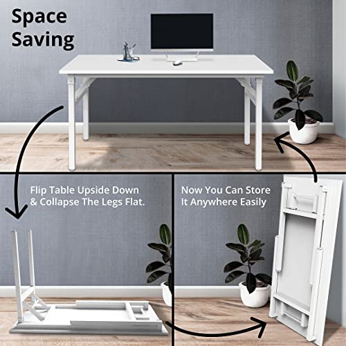Halter Folding Desk Table for Small and Large Spaces, Collapsible Computer Desk for Office, Bedroom, and Study - 47” Space-Saving Portable, Foldable Study Table - White Desk, White Frame
