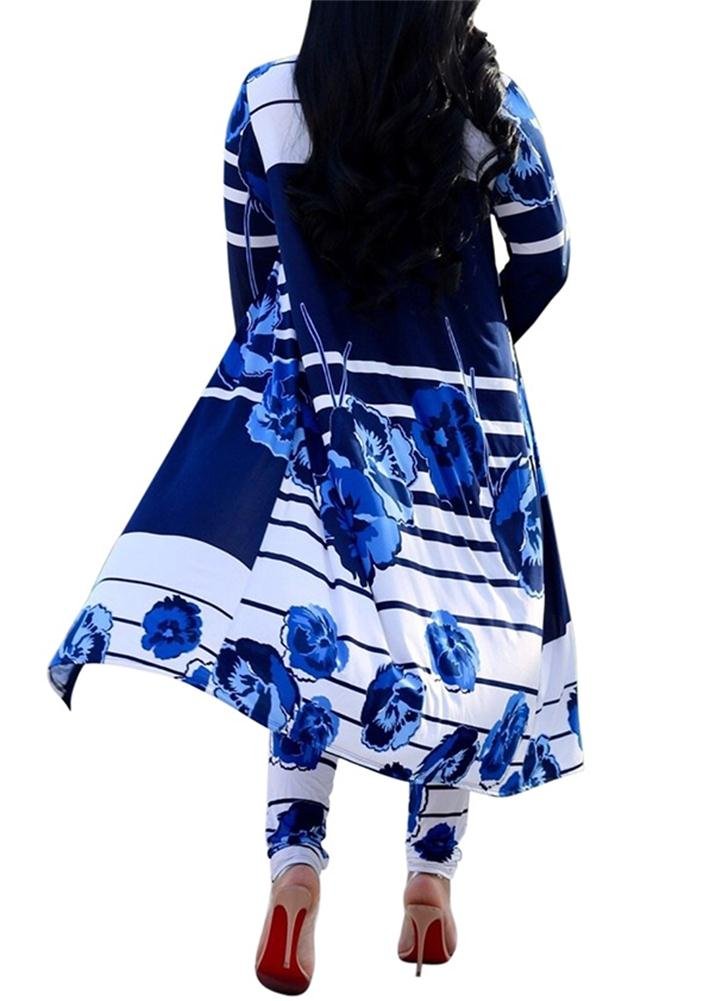 Womens Floral Print Long Sleeve Cardigan Cover up Long Pants 2 Piece Outfits Set Blue