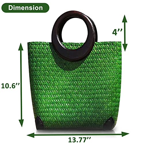 QTKJ Hand-woven Womens Straw Large Boho Handbag Bag for Women, Summer Beach Rattan Tote Travel Bag with Wood Round Top Handle (Green)