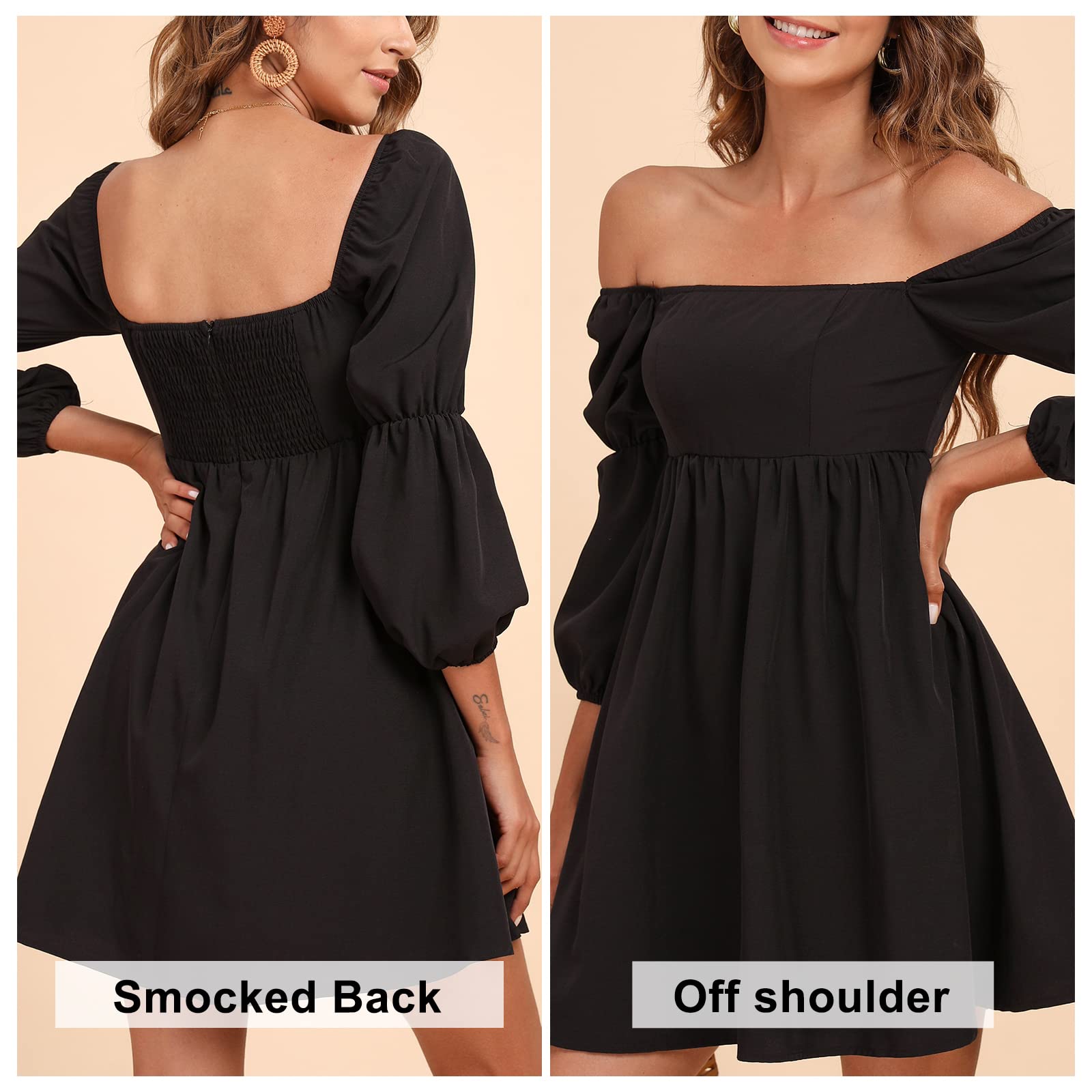 EXLURA Womens Square Neck Dress Long Puff Sleeve A-Line Casual Short Mini Dress Black
