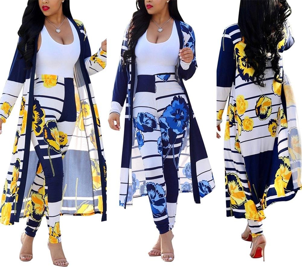 Womens Floral Print Long Sleeve Cardigan Cover up Long Pants 2 Piece Outfits Set Blue