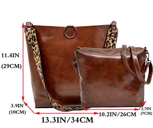 FiveloveTwo Ladies Women 2Pcs Handbag Leopard Print Shoulder Crossbody Bag PU Leather Totes Hobo Purse Clutch Brown