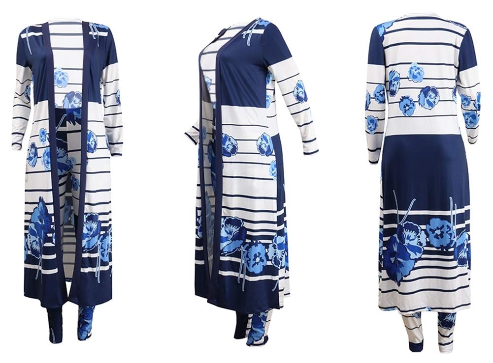 Womens Floral Print Long Sleeve Cardigan Cover up Long Pants 2 Piece Outfits Set Blue