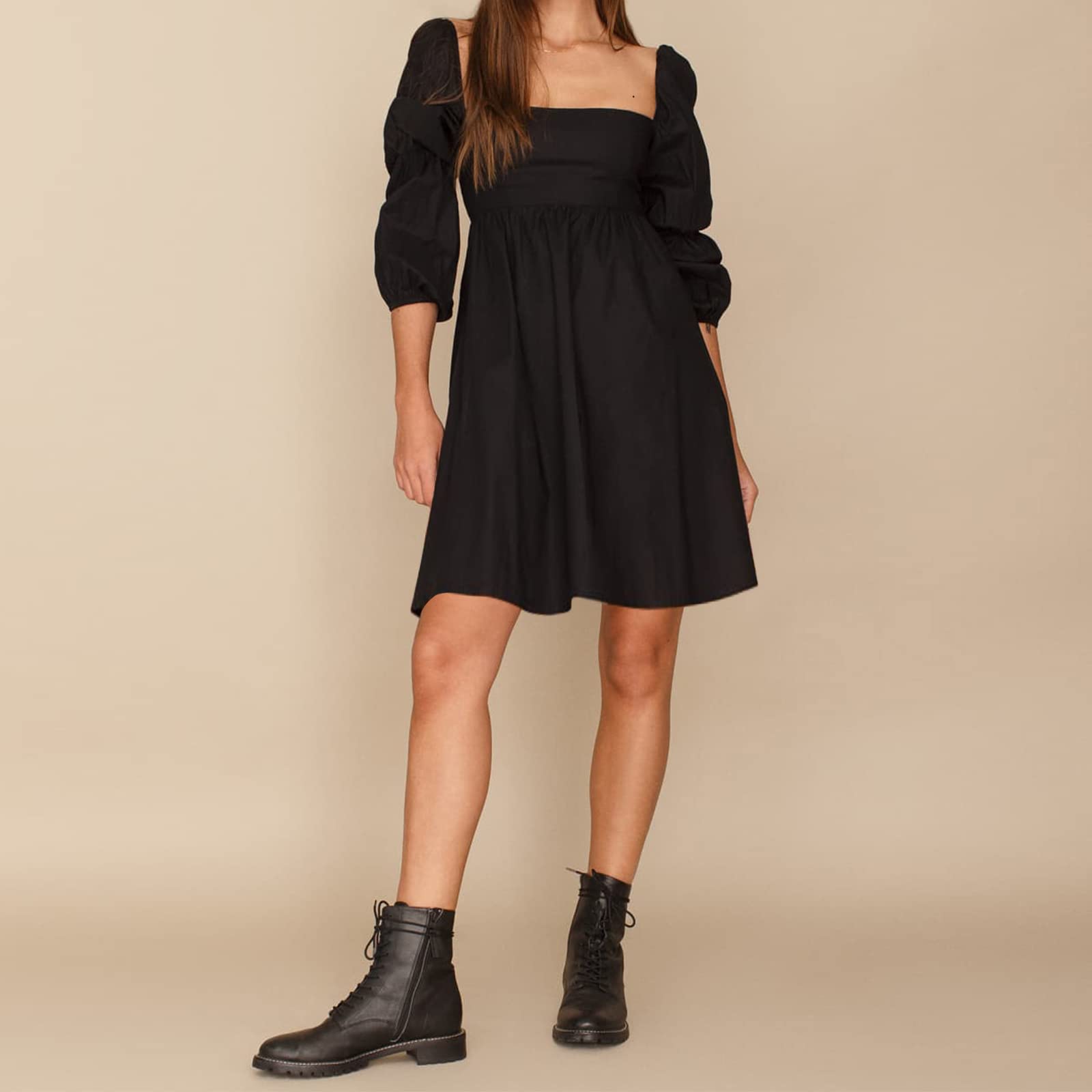 EXLURA Womens Square Neck Dress Long Puff Sleeve A-Line Casual Short Mini Dress Black