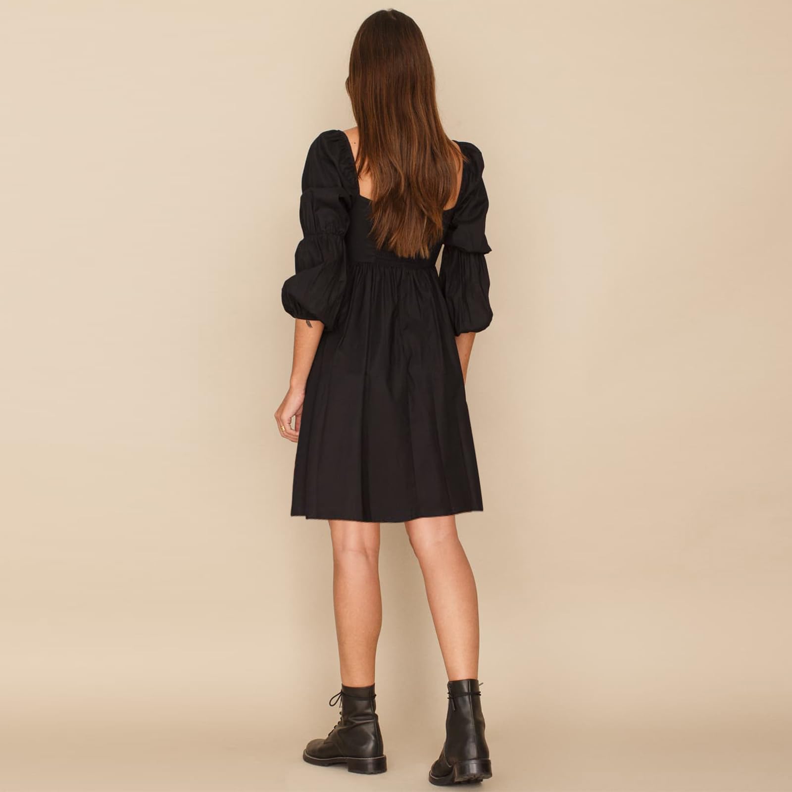 EXLURA Womens Square Neck Dress Long Puff Sleeve A-Line Casual Short Mini Dress Black