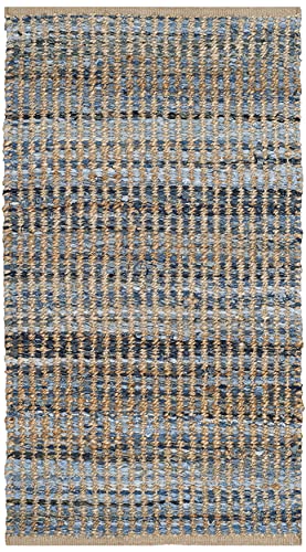 SAFAVIEH Cape Cod Collection 2'3" x 4' Natural / Blue CAP352A Handmade Flatweave Coastal Braided Jute Accent Rug
