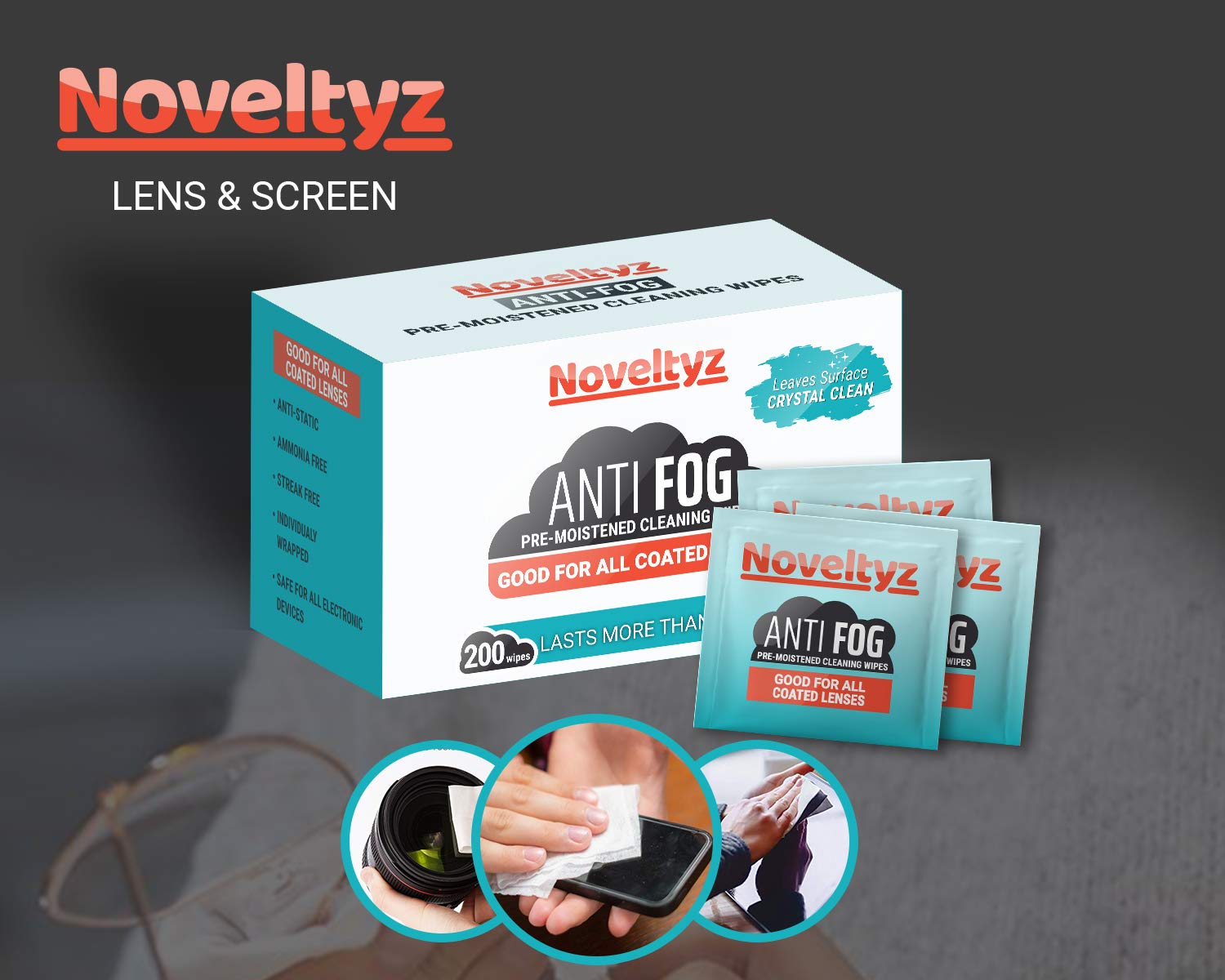 Eyewear Lens Anti Fog Wipes Cleansing Pre-Moistened 200 Individually Wrapped Cloths Wipe Cleaner Safely Cleans Eyeglasses Sunglasses Screens Electronics Computer Moniters Camera Lenses Cleaning Wipes