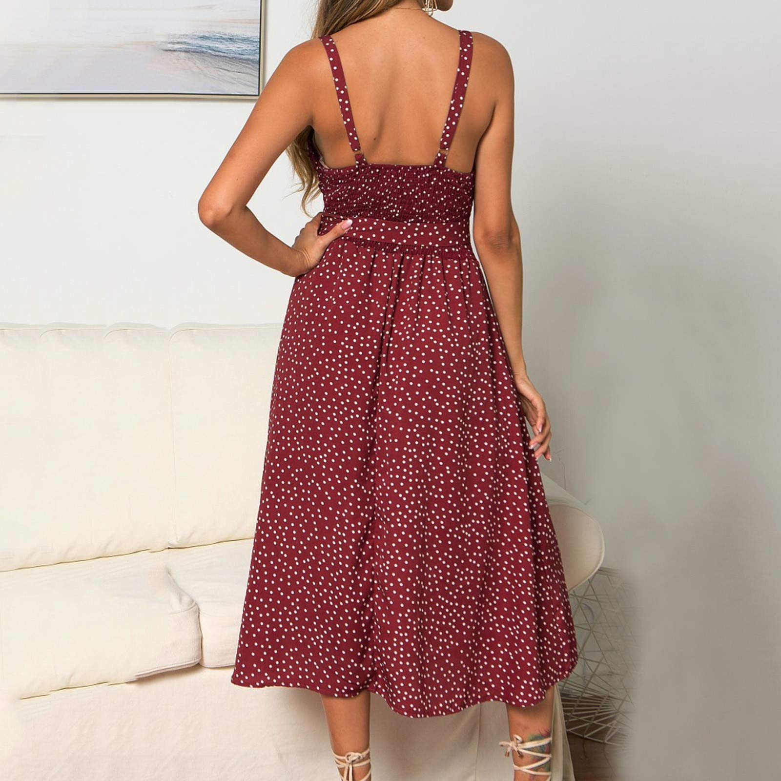Boho Dress for Women Sleeveless V Neck Dress Flowy Ruffle Hem Long Boho Dresses A Line Casual Sundresses with Pockets Wine