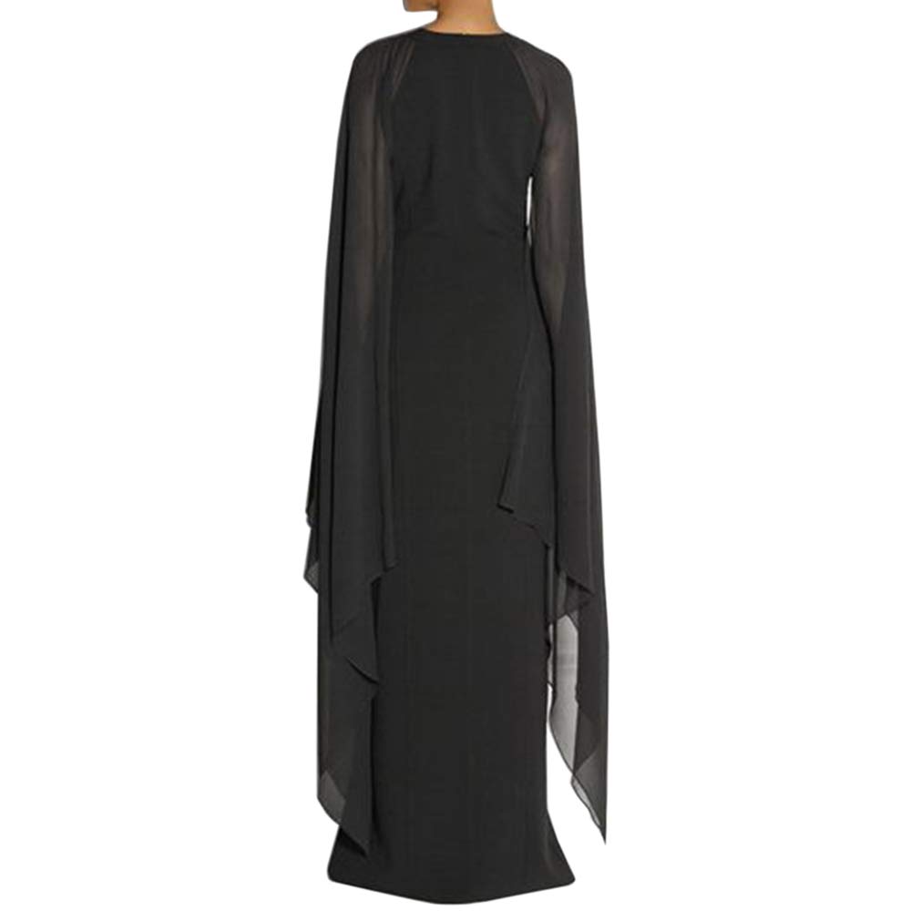 MAYFASEY Women's Flare Chiffon Sleeve High Split Formal Evening Gown Maxi Dress with Cape Black XXL
