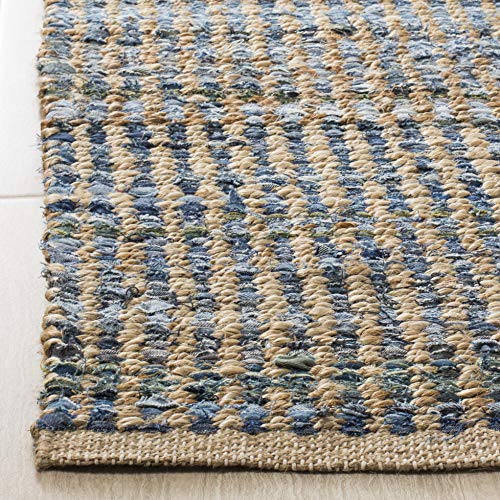 SAFAVIEH Cape Cod Collection 2'3" x 4' Natural / Blue CAP352A Handmade Flatweave Coastal Braided Jute Accent Rug