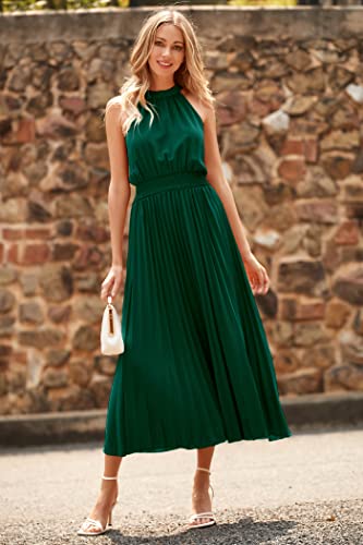 PRETTYGARDEN Women's Long Sun Dresses Sleeveless Halter Neck Flowy Pleated Maxi Cocktail Party Dresss (Green,X-Large)