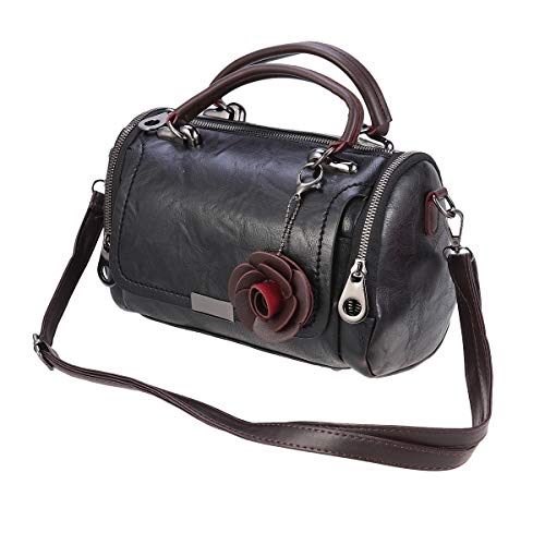 TENDYCOCO Crossbody Bag Boston Barrel Handbag with Flower Pendant for Women (Black)