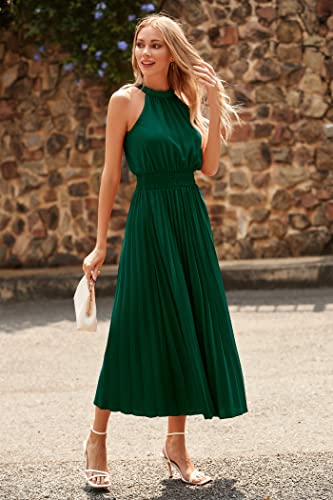 PRETTYGARDEN Women's Long Sun Dresses Sleeveless Halter Neck Flowy Pleated Maxi Cocktail Party Dresss (Green,X-Large)