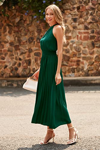 PRETTYGARDEN Women's Long Sun Dresses Sleeveless Halter Neck Flowy Pleated Maxi Cocktail Party Dresss (Green,X-Large)