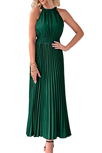 PRETTYGARDEN Women's Long Sun Dresses Sleeveless Halter Neck Flowy Pleated Maxi Cocktail Party Dresss (Green,X-Large)