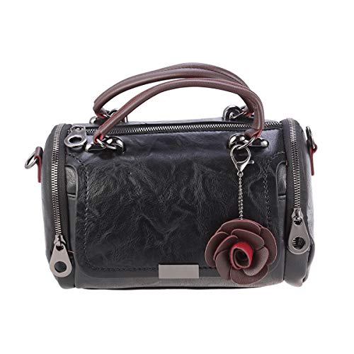 TENDYCOCO Crossbody Bag Boston Barrel Handbag with Flower Pendant for Women (Black)