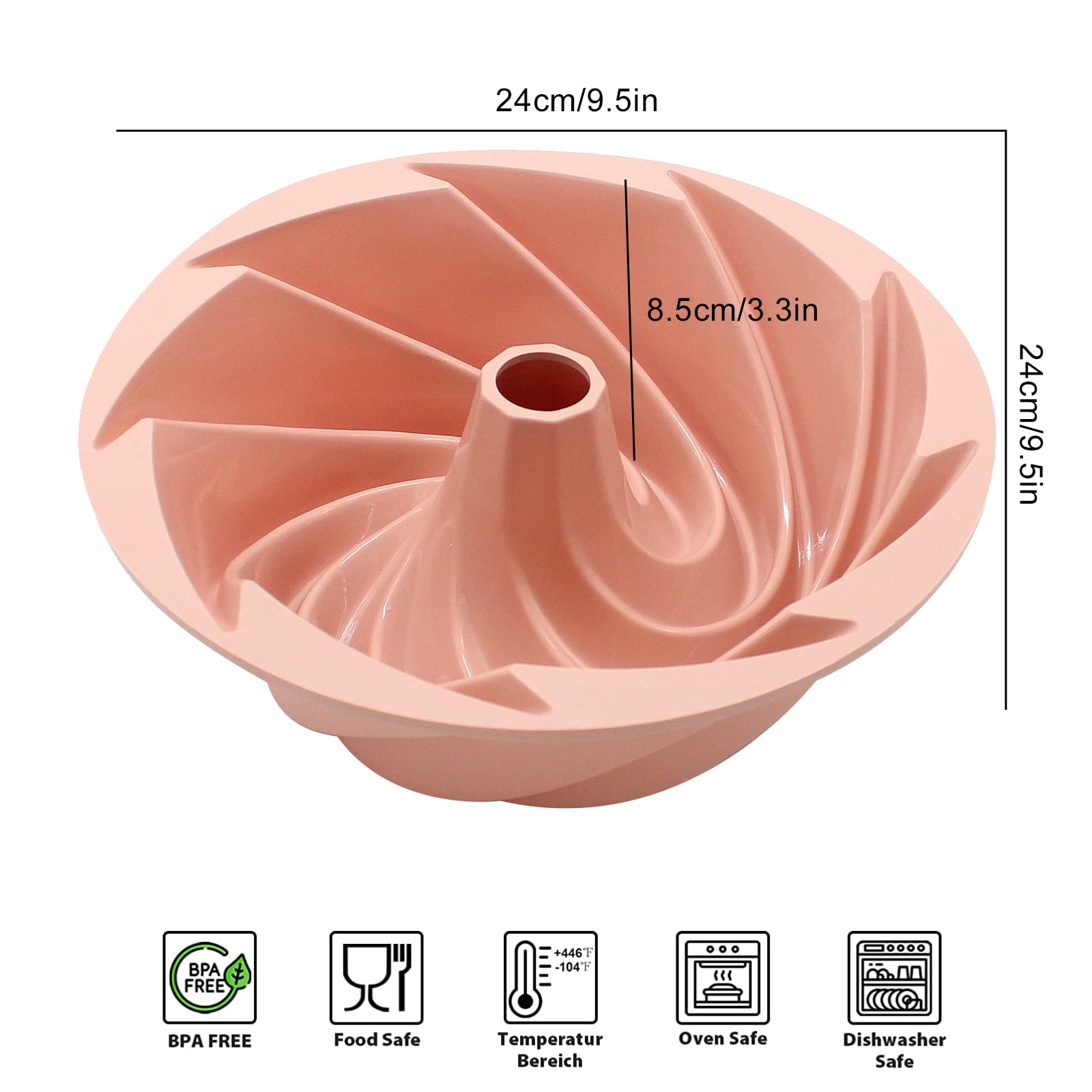 NEZART Silicone Cake Pans, Savarin Kitchen Cake Pans Mold, Non-stick Fluted Cake Pan with Spiral Design for Cake Jello Bread Birthday Party Perfect Bakeware for Cake, Jello, Gelatin, Bread