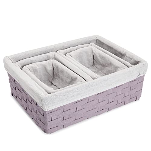 5 Piece Set Woven Nesting Storage Baskets, Decorative Wicker Bins for Organizing, Lavender (3 Sizes)