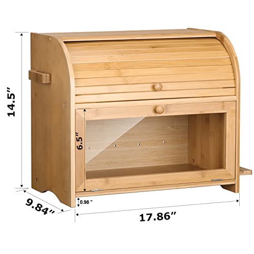 HOMEKOKO Double Layer Large Roll Top Bread Box for Kitchen Counter, Retro Design Wooden Large Capacity Bread Storage Bin (Natural)