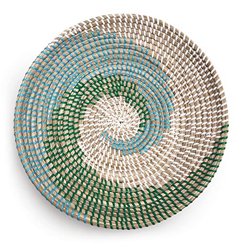 Allegorie Woven Basket Bowl Wall Hanging | Handmade Decorative Bowl with Hook | Chic Boho Décor, Ideal Housewarming Gift for Her | 13 Inches (Green & Blue)