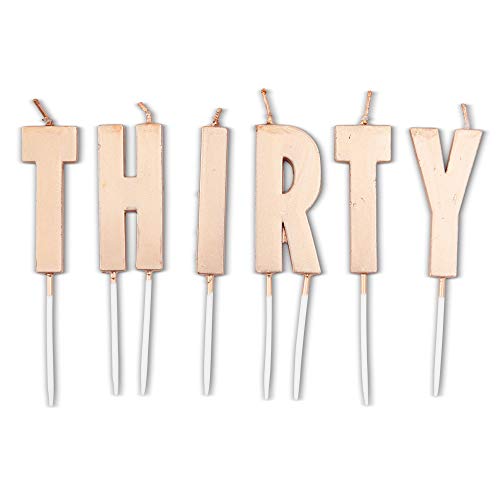 Cake Topper 30th Birthday with Thin Candles in Holders (Rose Gold, 30 Pack)