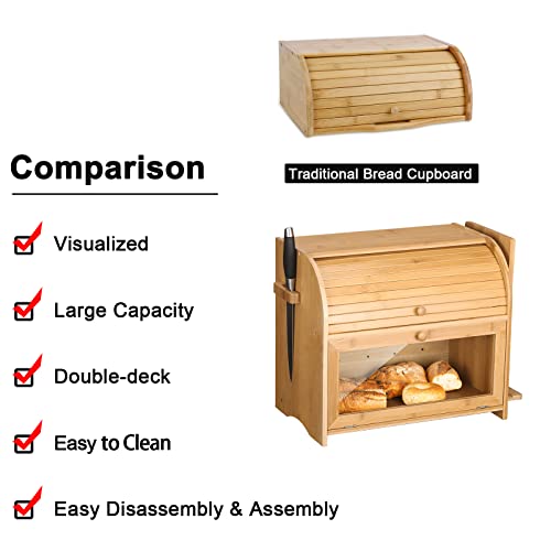 HOMEKOKO Double Layer Large Roll Top Bread Box for Kitchen Counter, Retro Design Wooden Large Capacity Bread Storage Bin (Natural)