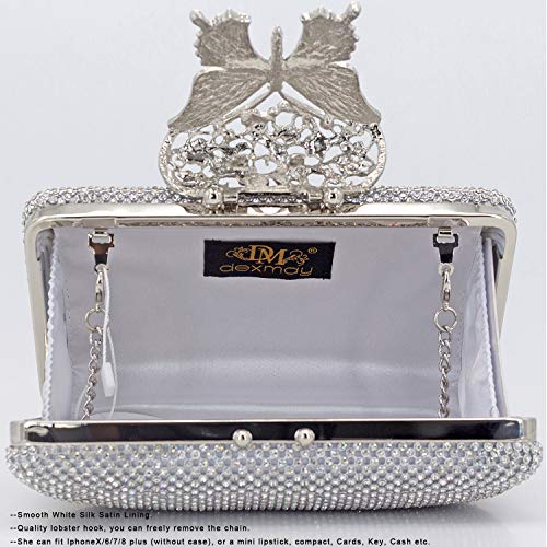 Dexmay Rhinestone Crystal Clutch Purse Butterfly Clasp Women Evening Bag for Formal Party Silver