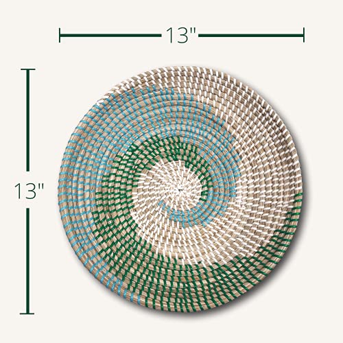 Allegorie Woven Basket Bowl Wall Hanging | Handmade Decorative Bowl with Hook | Chic Boho Décor, Ideal Housewarming Gift for Her | 13 Inches (Green & Blue)