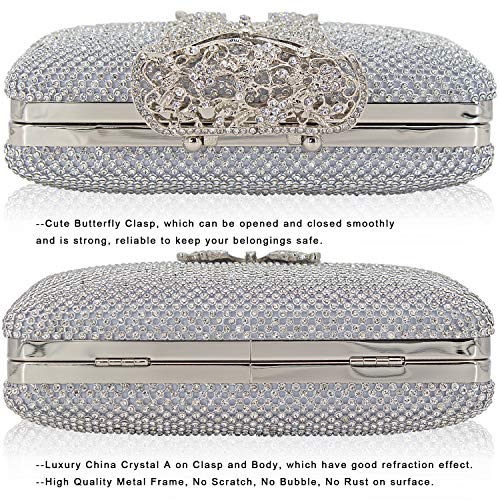Dexmay Rhinestone Crystal Clutch Purse Butterfly Clasp Women Evening Bag for Formal Party Silver