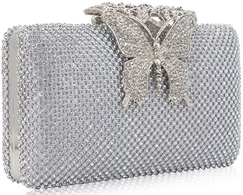 Dexmay Rhinestone Crystal Clutch Purse Butterfly Clasp Women Evening Bag for Formal Party Silver
