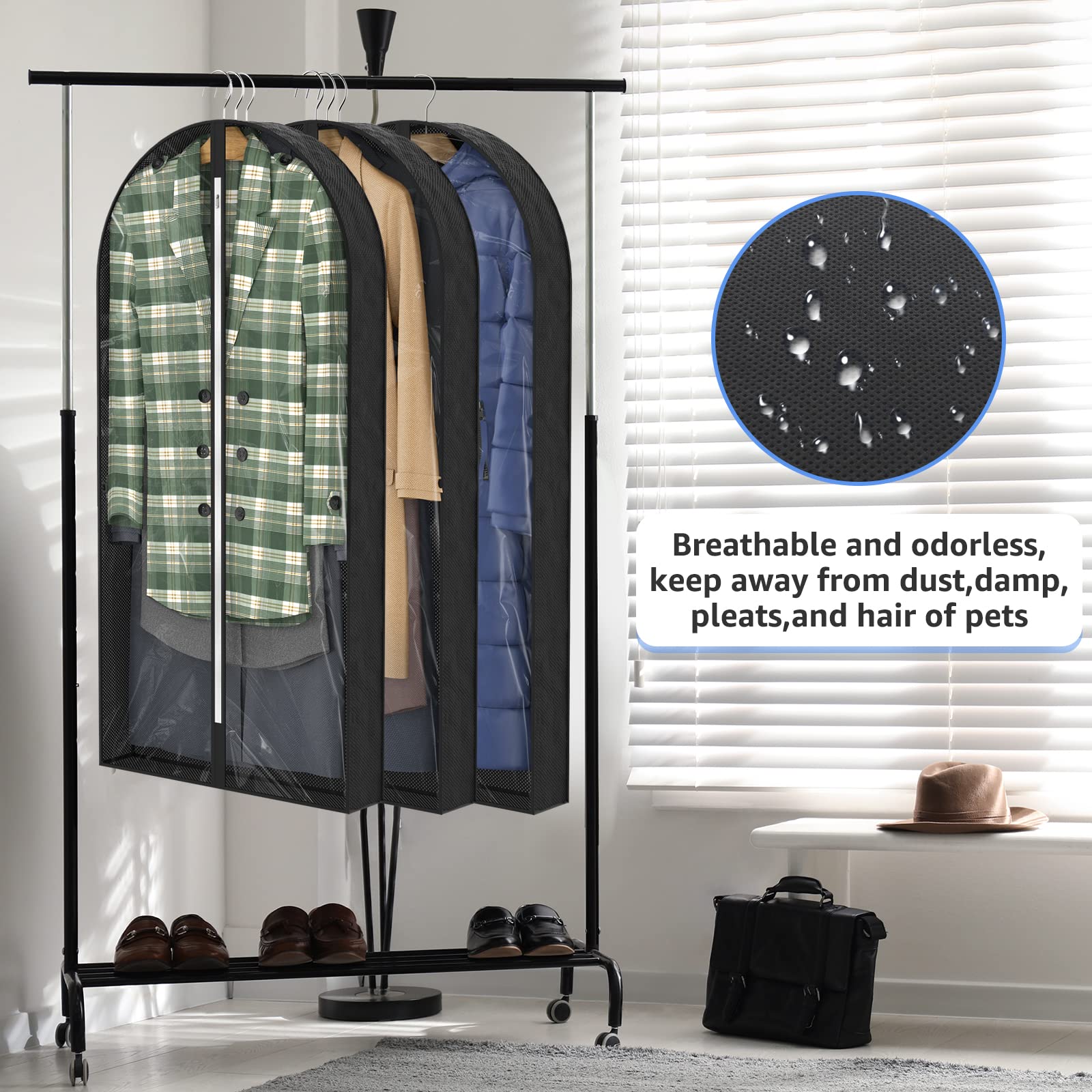 50" Clear Garment Bags for Hanging Clothes Closet Storage with 4" Gussetes,Suit Cover Bag for Dresses Long Coats, Jacket, Sweater, Shirts,3 Packs,Black