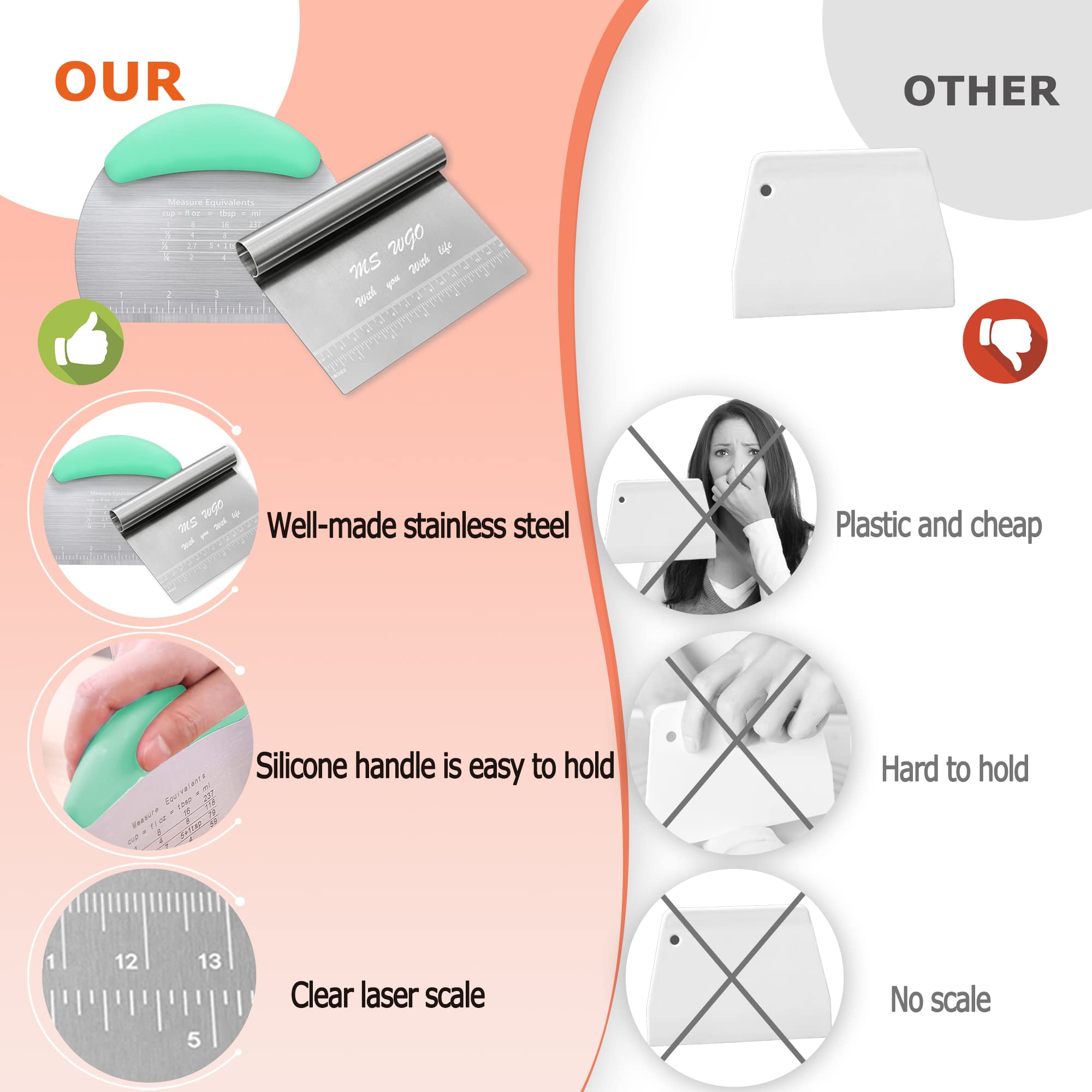 Dough Scraper Cutter Pastry Pizza Cutter Stainless Steel Tool with Scale Ruler, Kitchen Tool for Baking Cookie Dough Vegetable Bread