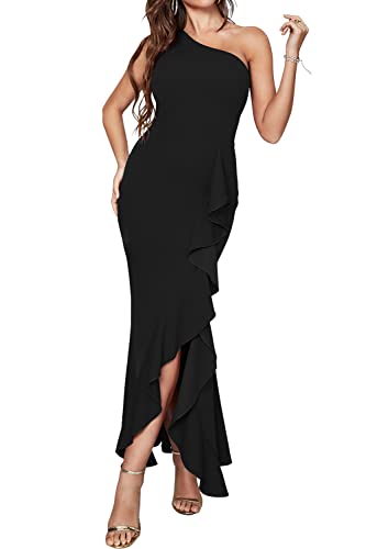 BTFBM Women One Shoulder Dresses Sleeveless Cocktail Bodycon Mermaid Ruffle Side Split Formal Party Long Evening Dress(Solid Black, Large)