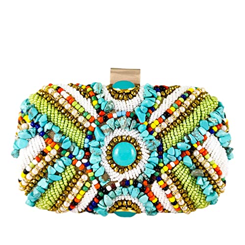 Vintage Colorful Stones Women Beaded Clutch Bag Evening Wedding Handbags Purses (Gold)