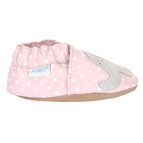 Robeez Baby Girls Little Peanut Shoes Soft Soles Traditional Silhouette Pink and White Polka Dots with Elephant 6-12 Months Infant