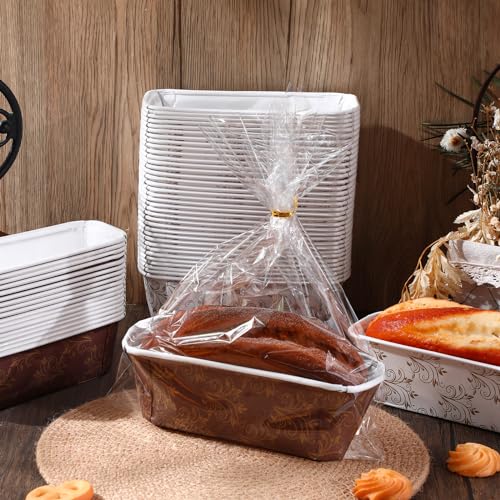 Maxcheck 100 Pcs Paper Loaf Pans 6.3 x 2.2 x 2.2 Inch Disposable Loaf Pan Liners with Clear Plastic Bags and Ties Paper Rectangle Baking Mold for Bread Cake Bakery(White, Coffee)