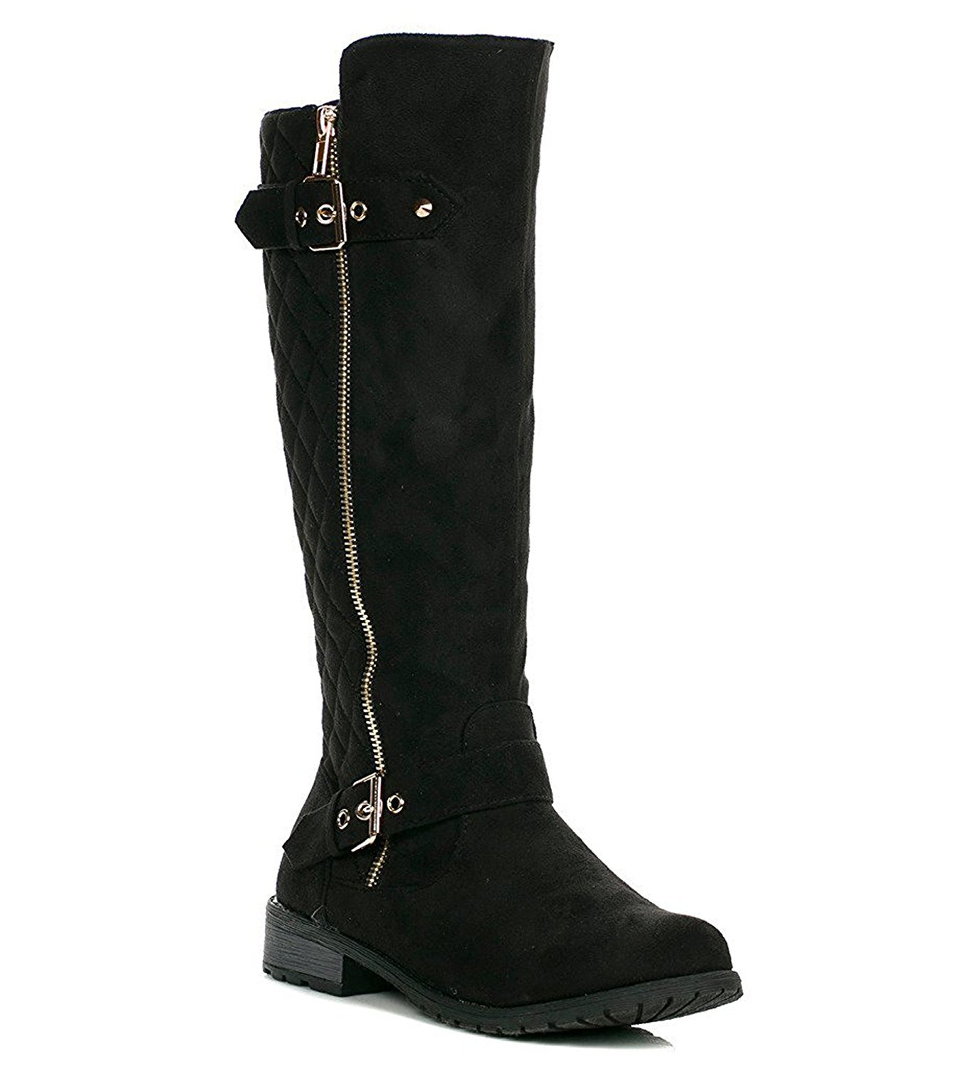 JJF Shoes Mango-21 Women's Winkle Back Shaft Side Zip Knee High Flat Riding Boots Black Nubuck 10