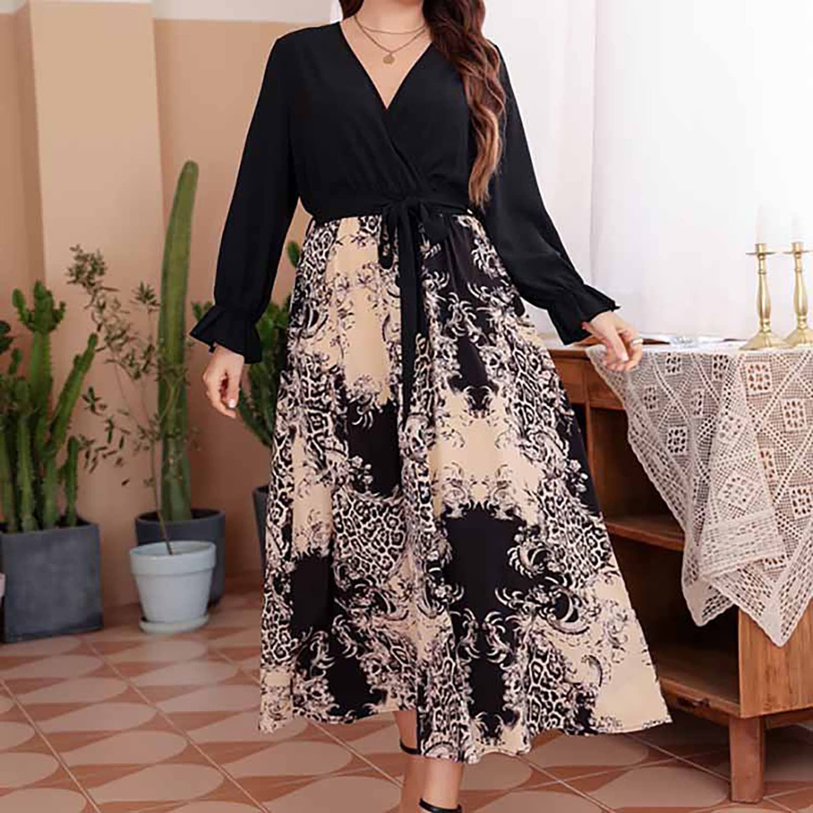 Cnebo Business Dresses for Women Women's Plus Size Spring and Summer V Neck Floral Print Decoration Ruffled Long Sleeved Solid