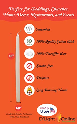 D'light Online 10" Elegant Cream Ivory Taper Premium Quality Candles, Hand-Dipped, Dripless, Smokeless and Unwrapped Bulk Pack for Events - Set of 12 (10 Inch, Ivory)