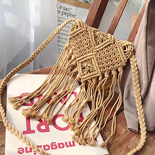 Nice Pies Women's Beach Straw Handbag Woven Tote Fishing Net Beach Bag Large Capacity Mesh Rope Combination Handbag (Khaki)