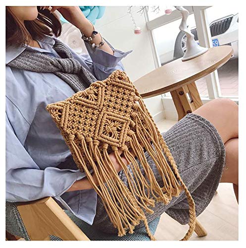 Nice Pies Women's Beach Straw Handbag Woven Tote Fishing Net Beach Bag Large Capacity Mesh Rope Combination Handbag (Khaki)