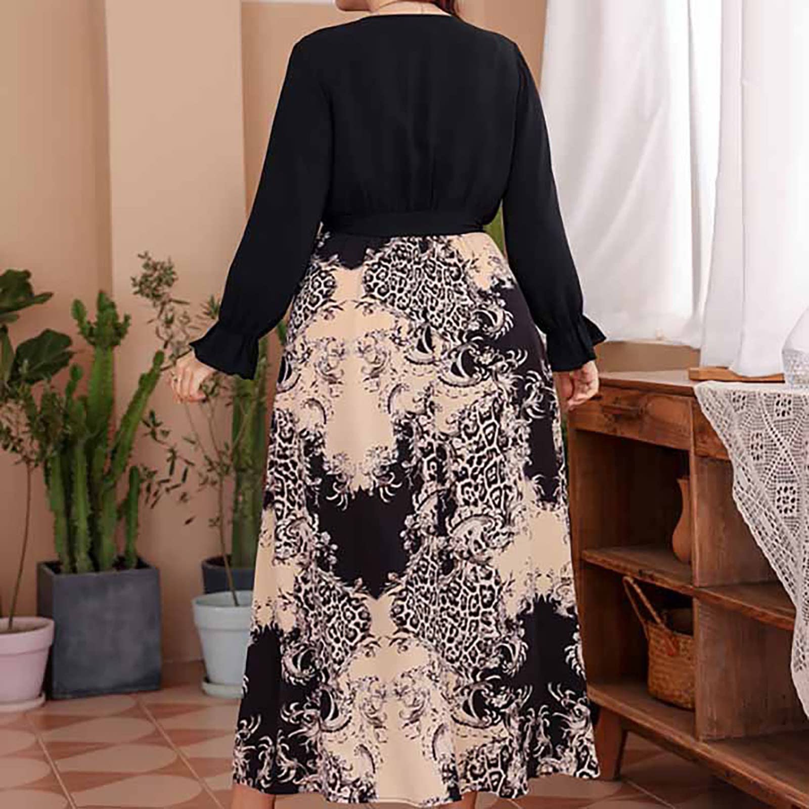 Cnebo Business Dresses for Women Women's Plus Size Spring and Summer V Neck Floral Print Decoration Ruffled Long Sleeved Solid