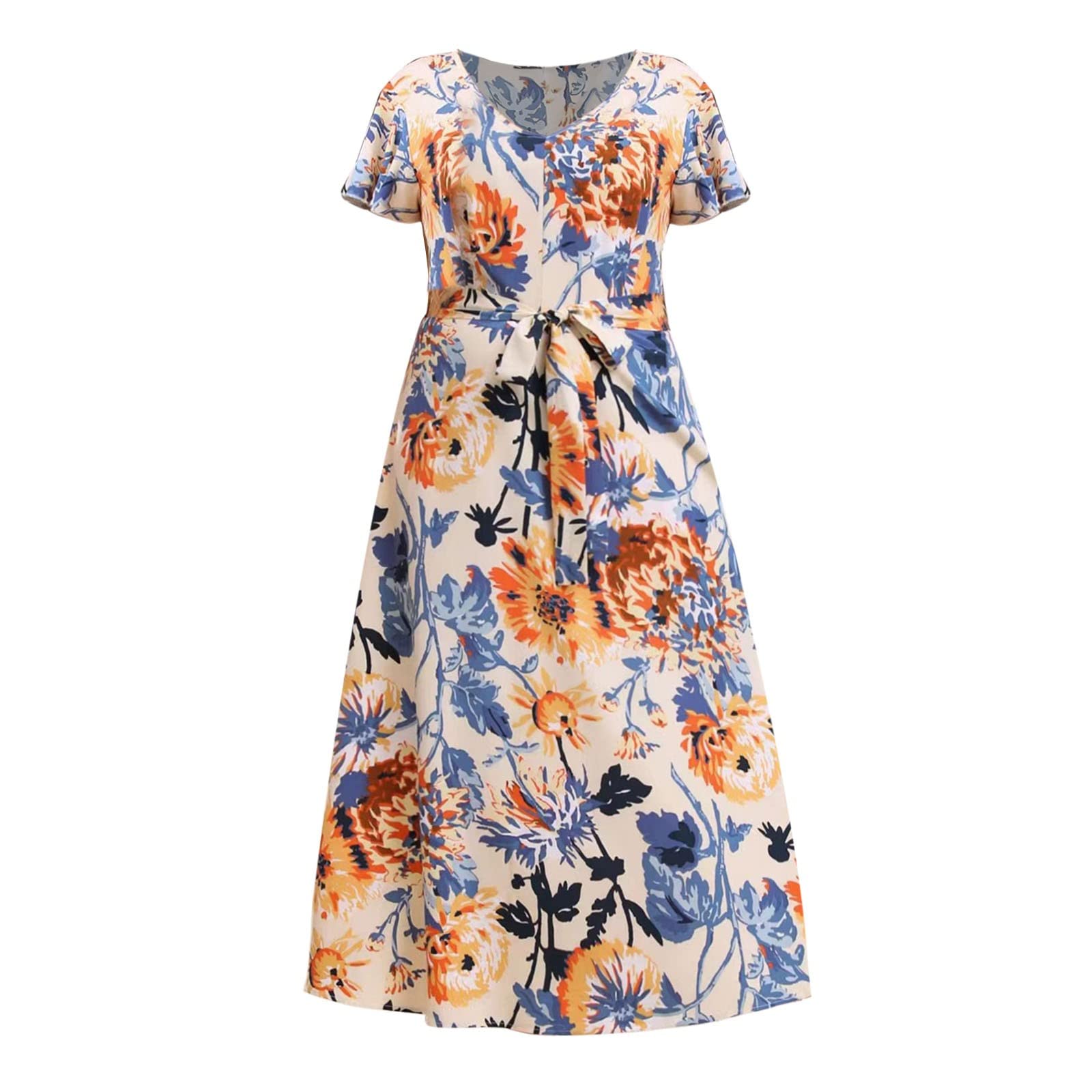 Casual Dresses for Women Plus Size Women's Plus Size Spring and Summer Round Neck Floral Print Decoration Ruffled Short