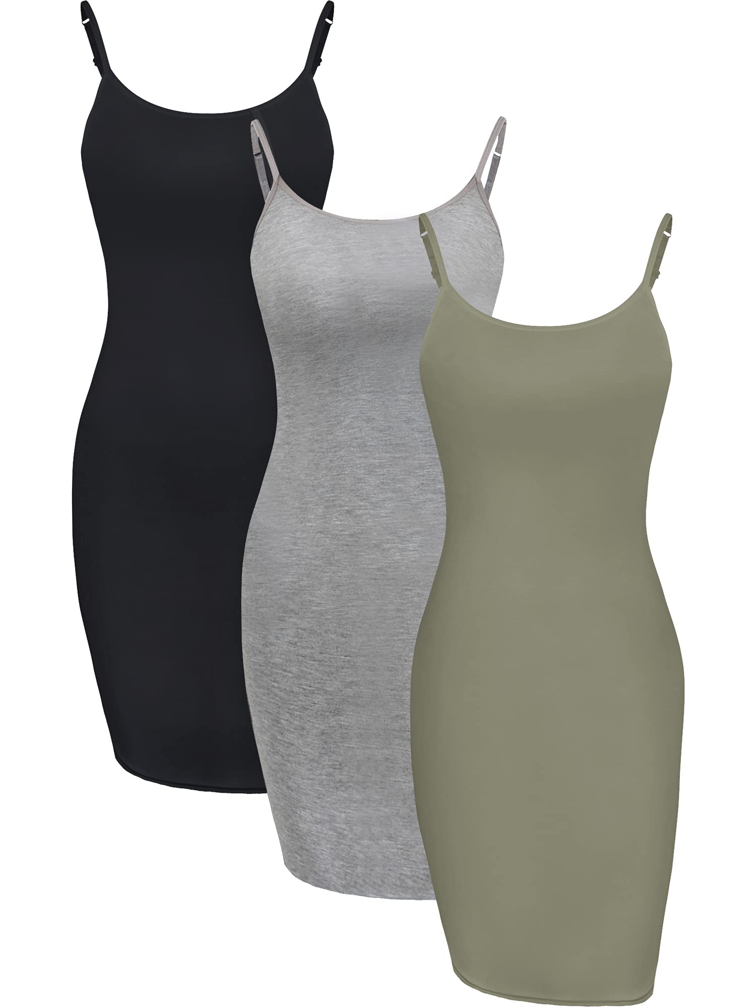 WILLBOND 3 Pieces Basic Cami Women Long Tanks Dress with Strap, Solid Color (Black, Grey, Army Green,Large)