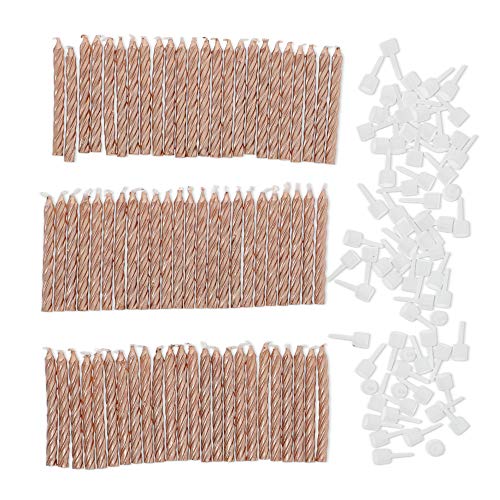 Metallic Rose Gold Striped Birthday Cake Candles in Holders (2 in., 72 Pack)