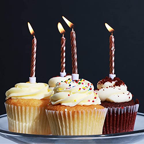 Metallic Rose Gold Striped Birthday Cake Candles in Holders (2 in., 72 Pack)