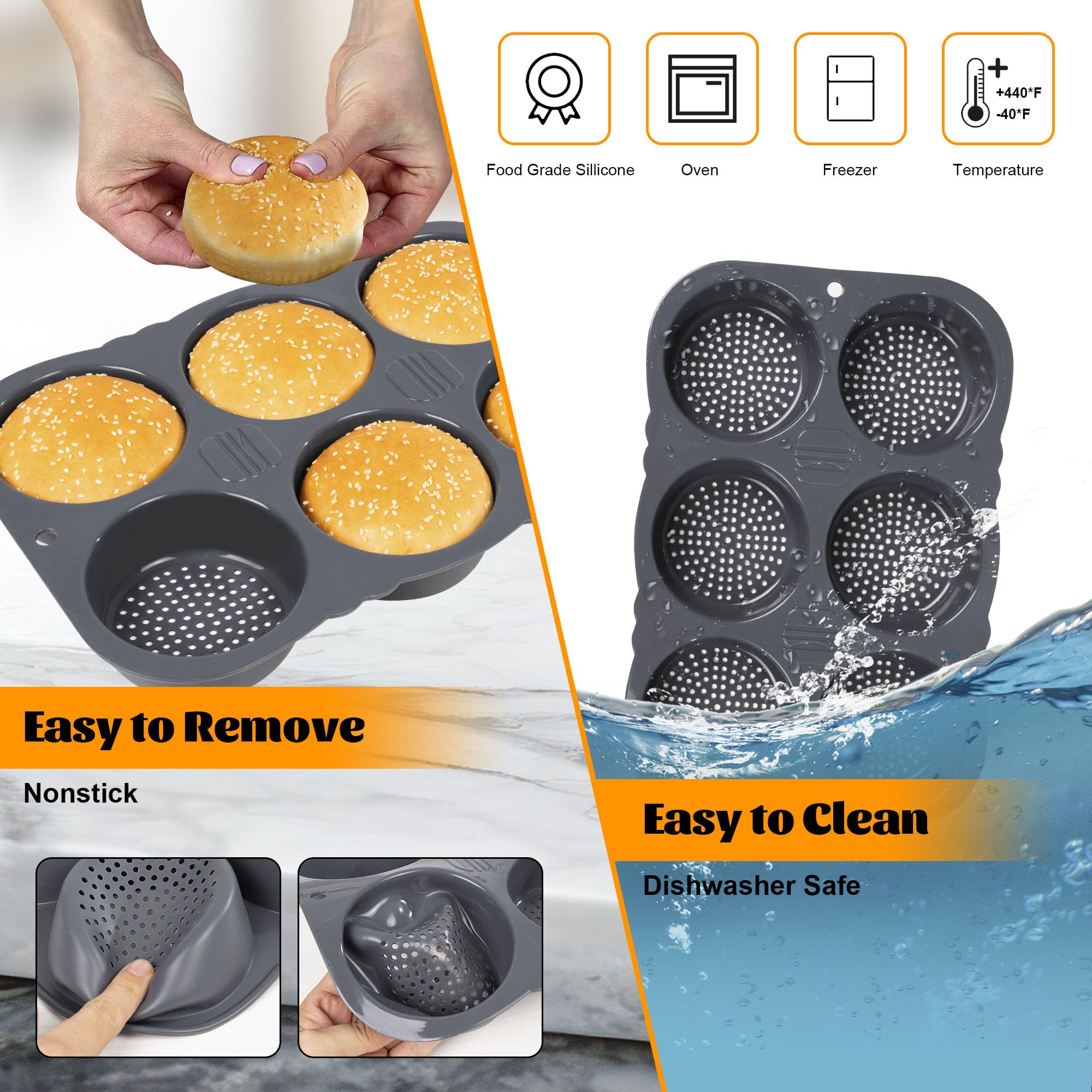AKS Co Hamburger Bun Pan, Non-Stick Silicone - Oven-Safe, Vented 6-Cavity Baking Mold, Dishwasher Safe with Basting Brush