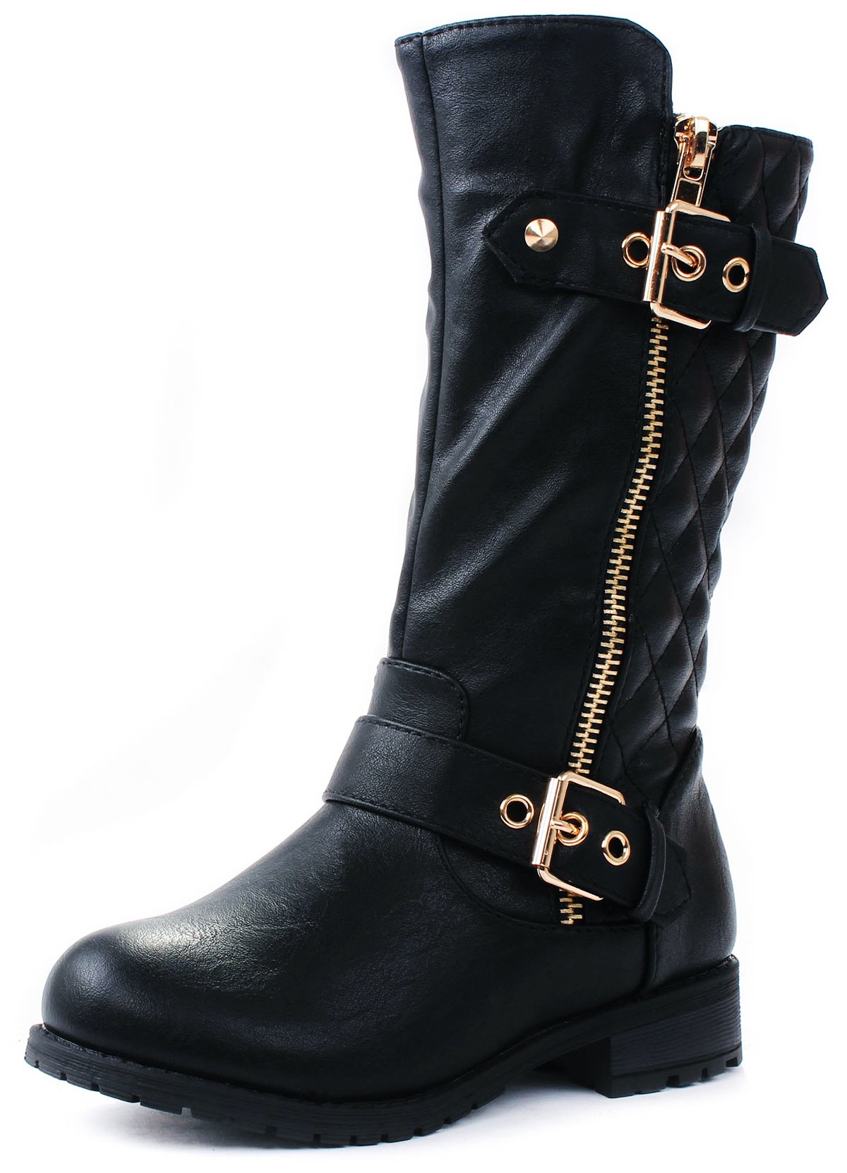JJF Shoes Kids Girls Mango21 Black Dual Buckle/Zipper Quilted Mid Calf Motorcycle Boots-9