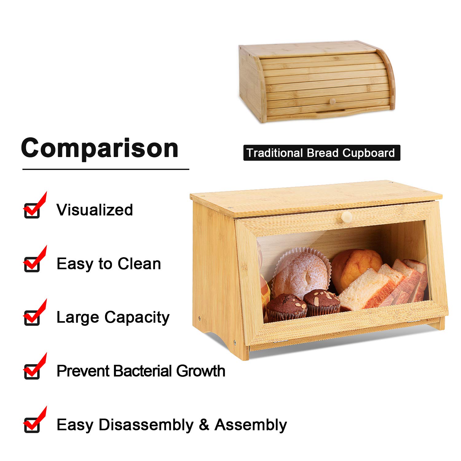 HOMEKOKO Wood Bread Box for Kitchen Counter, Single Layer Bamboo Large Capacity Food Storage Bin (NATURAL)