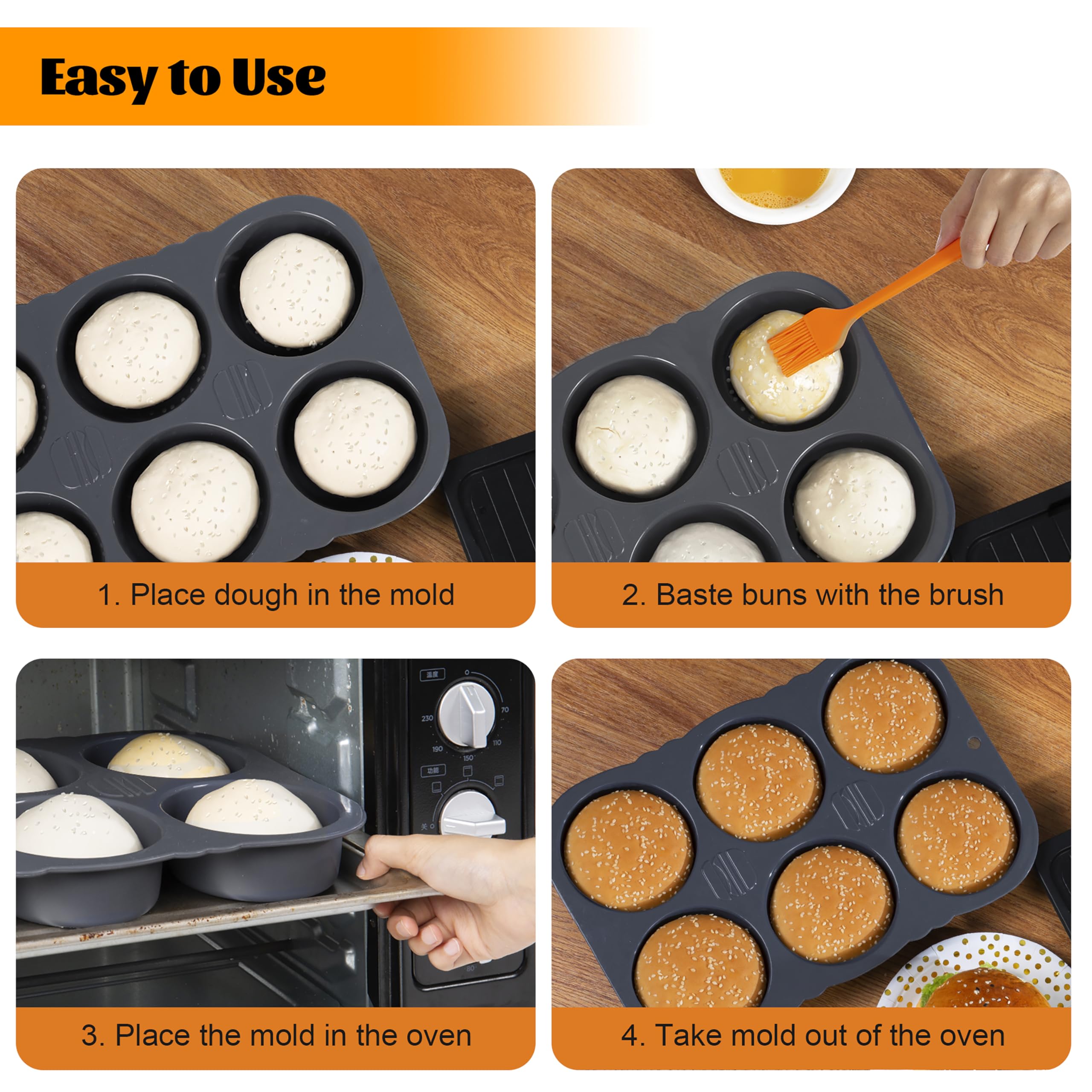 AKS Co Hamburger Bun Pan, Non-Stick Silicone - Oven-Safe, Vented 6-Cavity Baking Mold, Dishwasher Safe with Basting Brush
